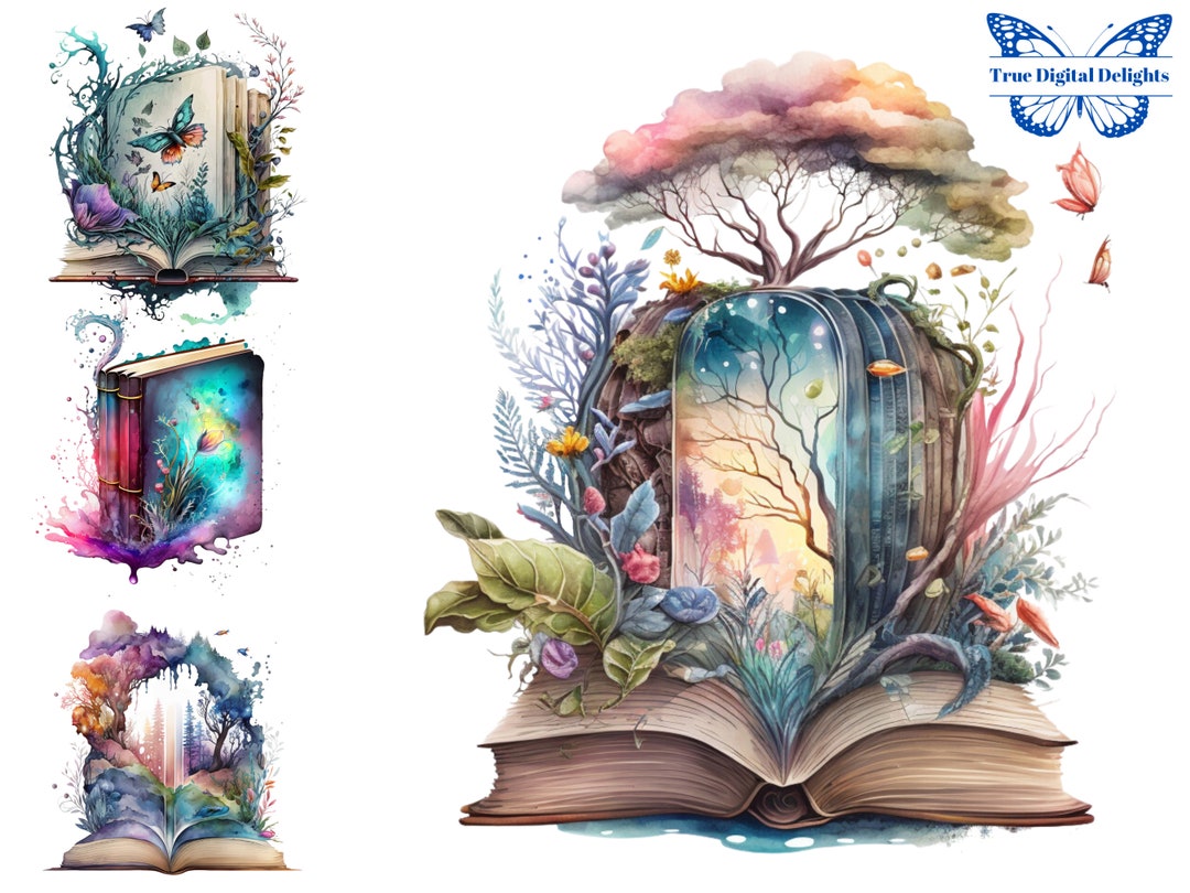 12 Watercolor Fantasy Books Clip Art. Open Book PNG Bundle. Magic Book ...