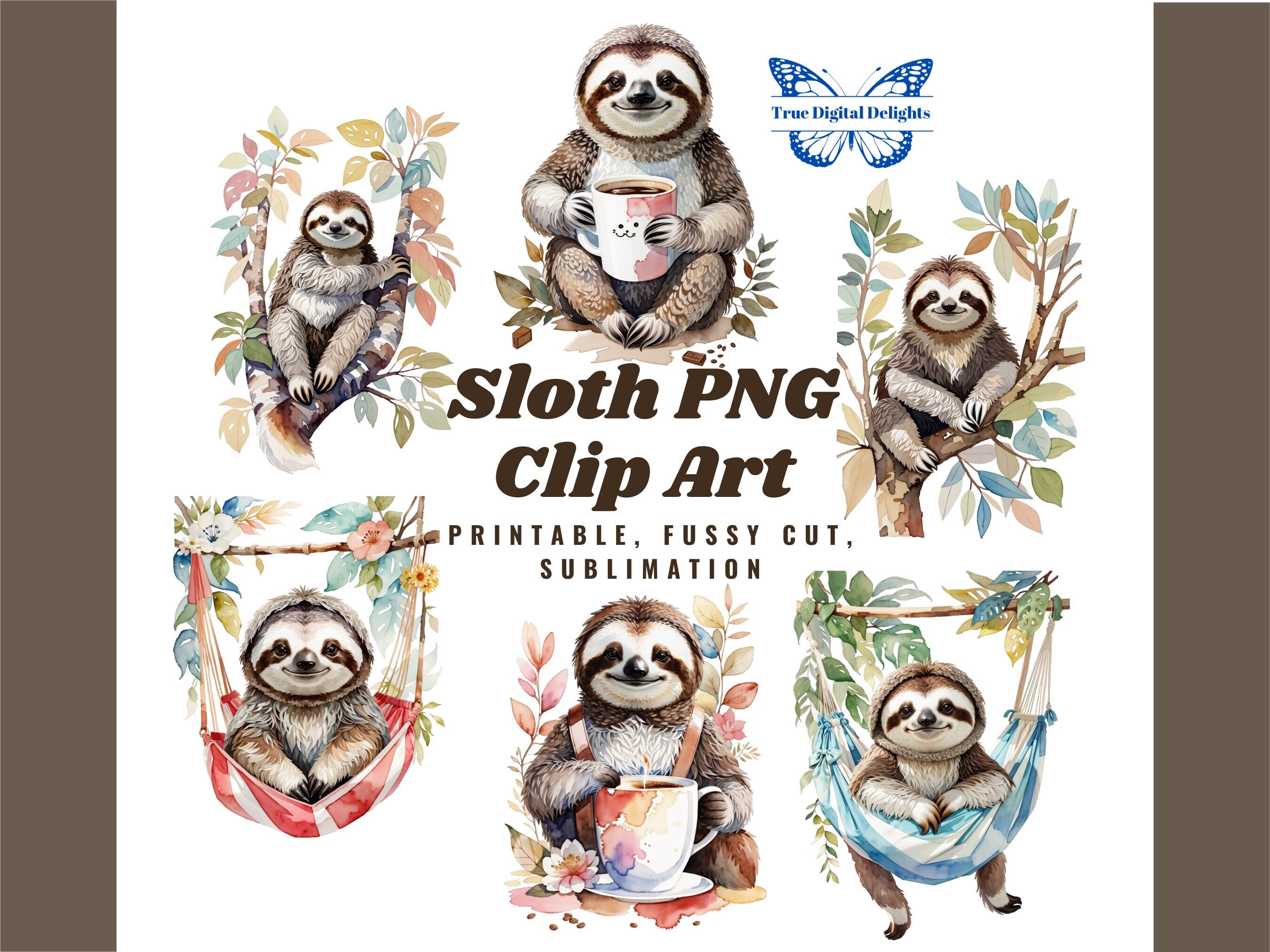 Cute Sloth PNG Clipart. Coffee Lover Sloth, Sloth in Hammock, Sloth in ...