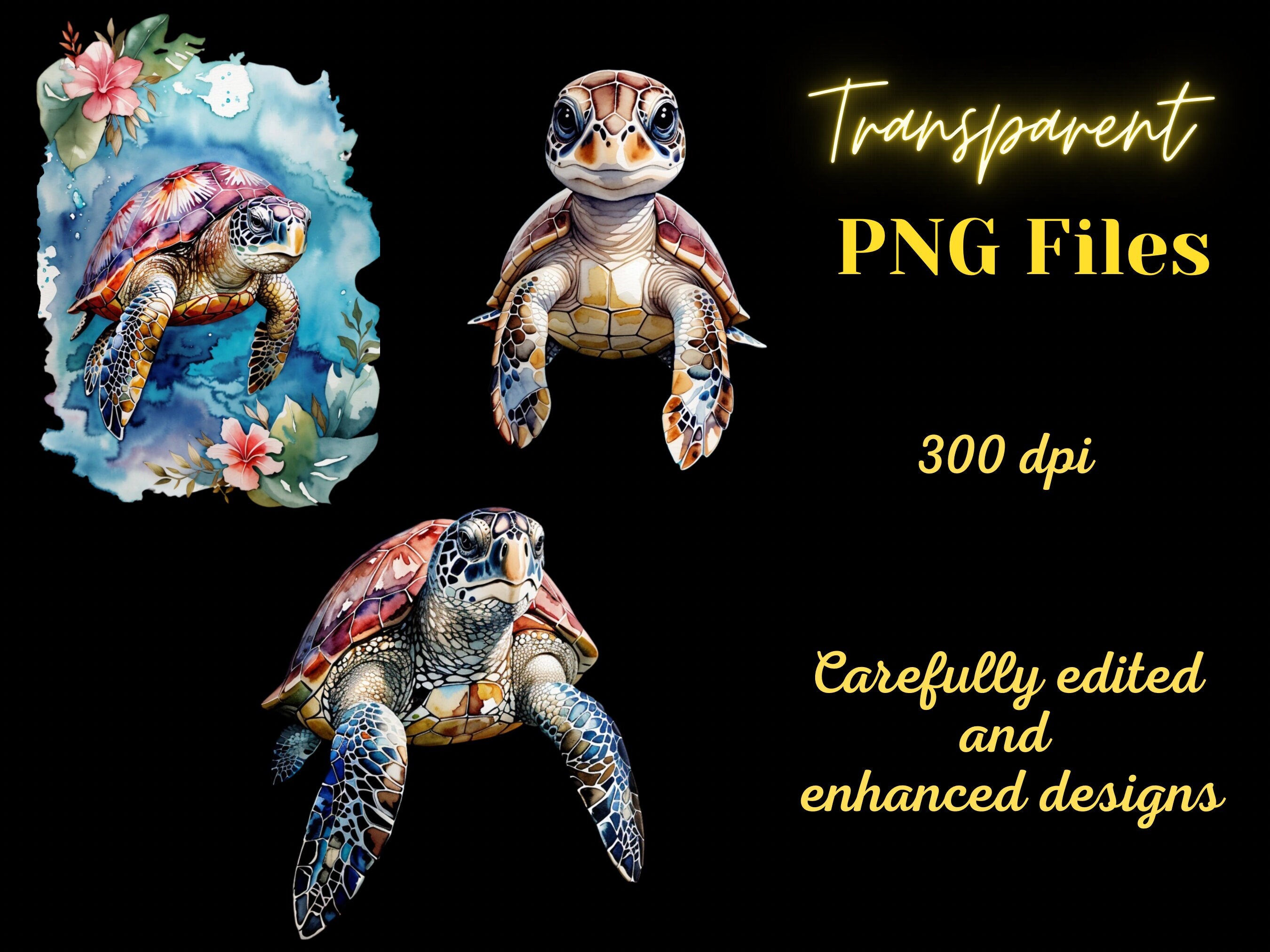 Cute Watercolor Hawaiian Sea Turtle PNG Mini Bundle Clipart. Hawaii ...