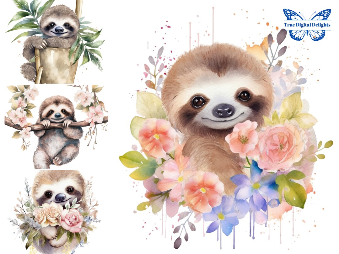 10 Cute Watercolor Sloth Clipart. Baby Animals, Baby Sloth PNG. Baby ...