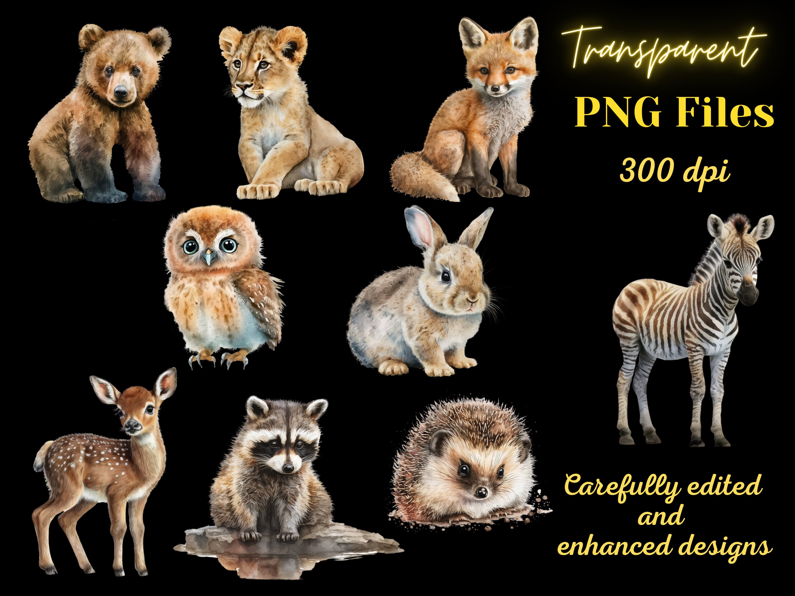 Cute Watercolor Baby Animals PNG Bundle. Woodland Forest, African Baby ...