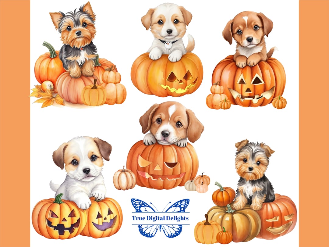 Cute Halloween Puppies & Pumpkin Clipart. Puppy and Jack-o-lantern PNG ...