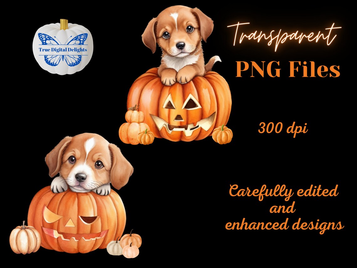 Cute Halloween Puppies & Pumpkin Clipart. Puppy and Jack-o-lantern PNG ...