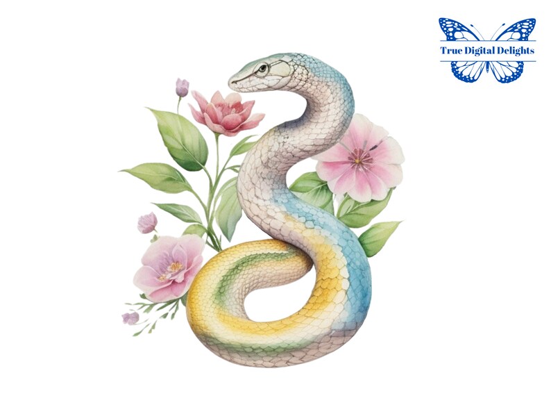 Watercolor Snakes & Flowers Printable PNG Clipart. Exotic Animal ...