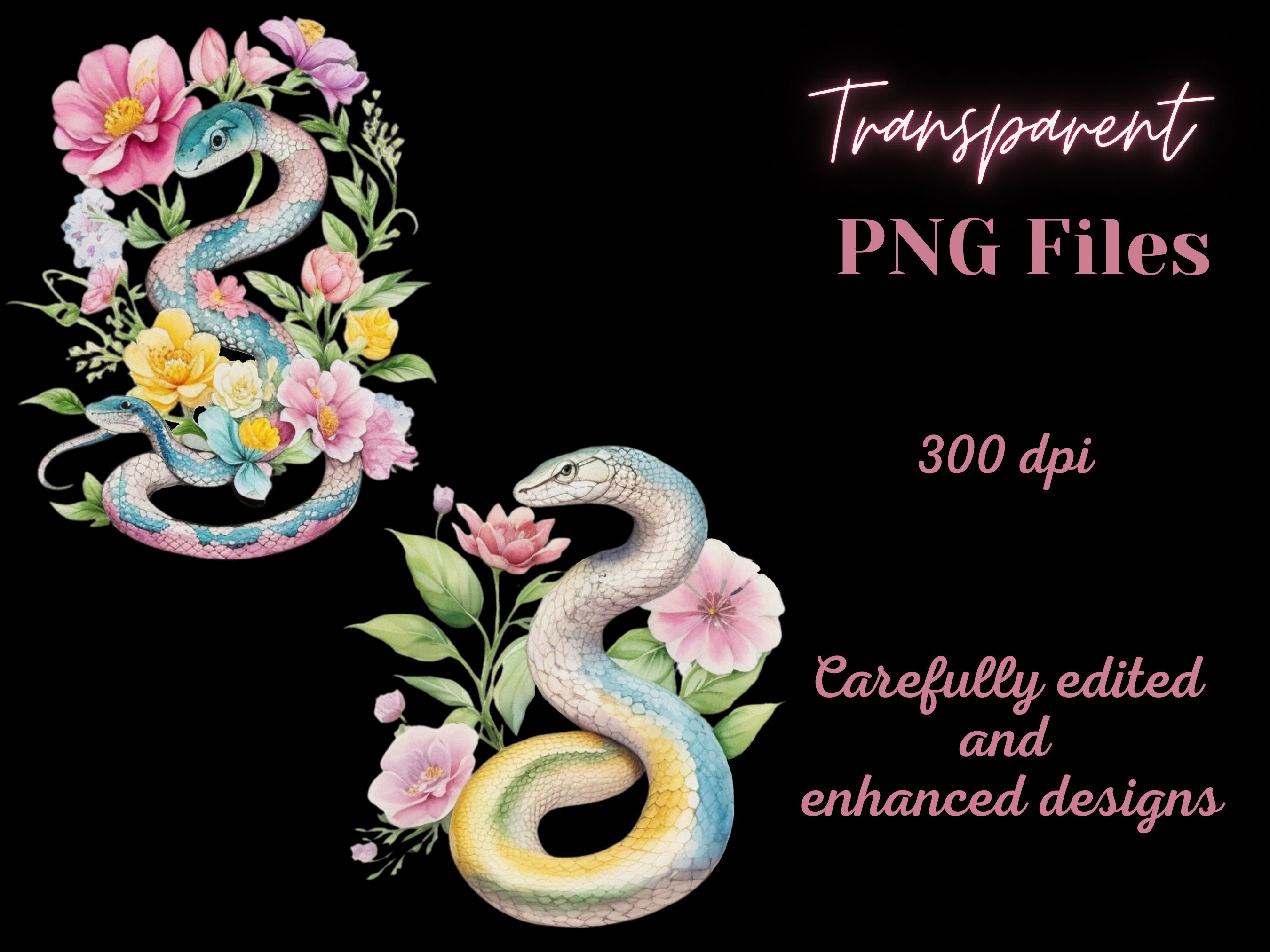 Watercolor Snakes & Flowers Printable PNG Clipart. Exotic Animal ...