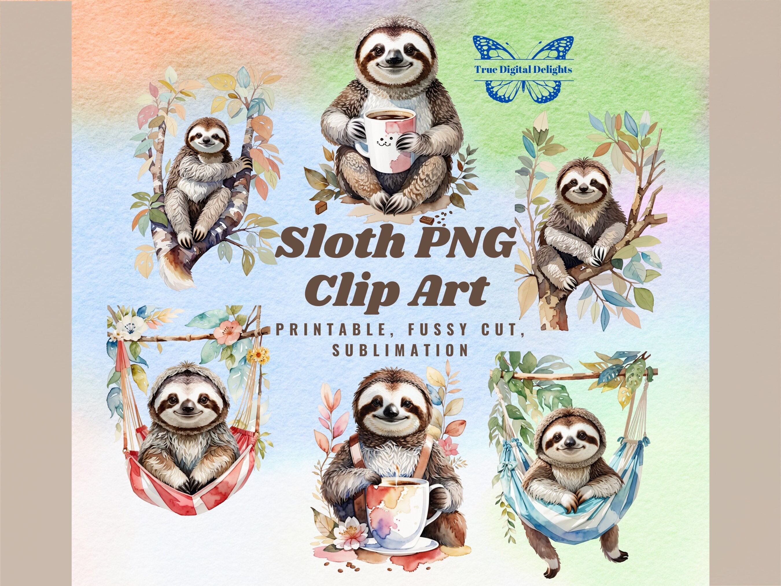 Cute Sloth PNG Clipart. Coffee Lover Sloth, Sloth in Hammock, Sloth in ...