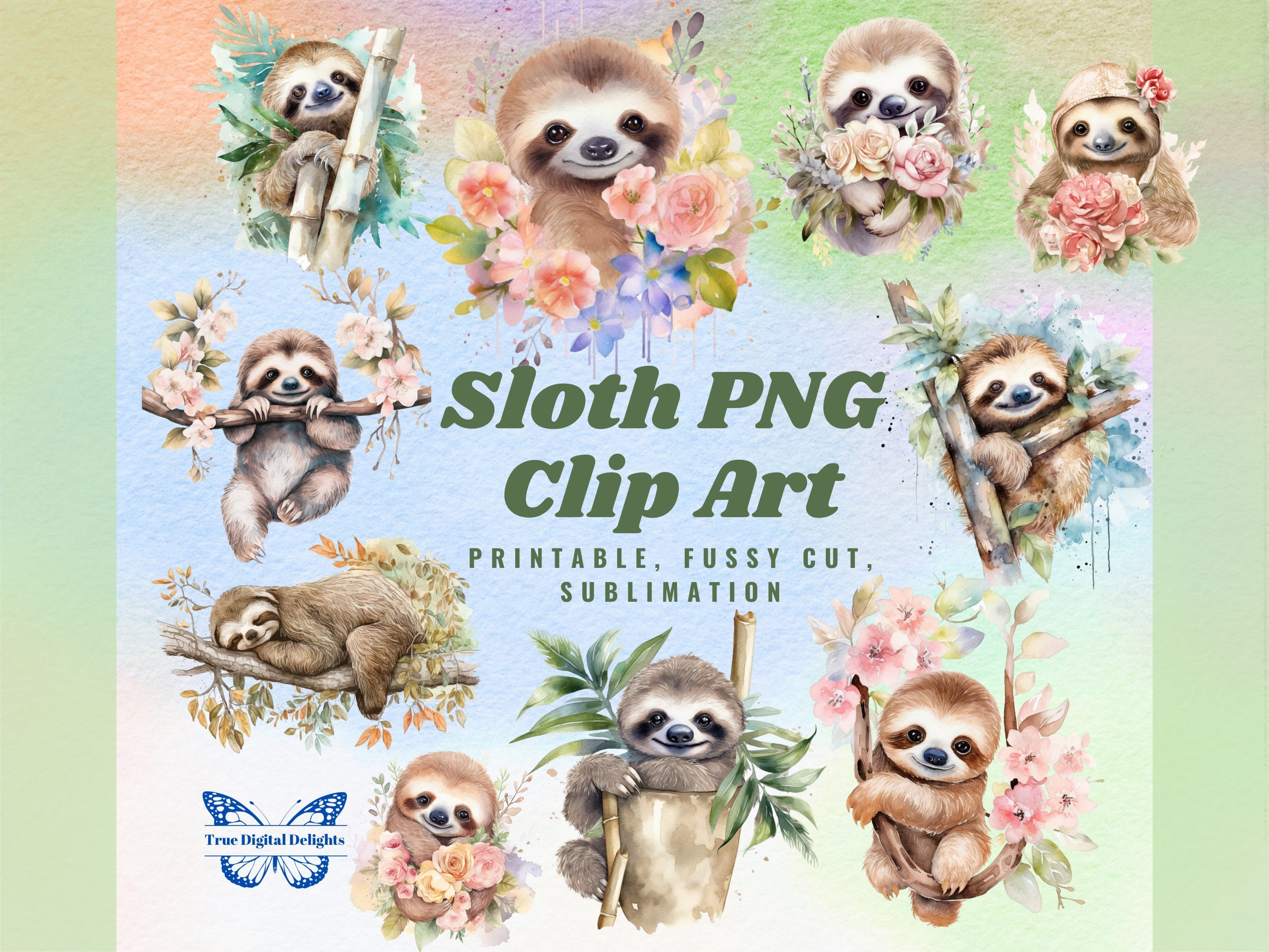 10 Cute Watercolor Sloth Clipart. Baby Animals, Baby Sloth PNG. Baby ...