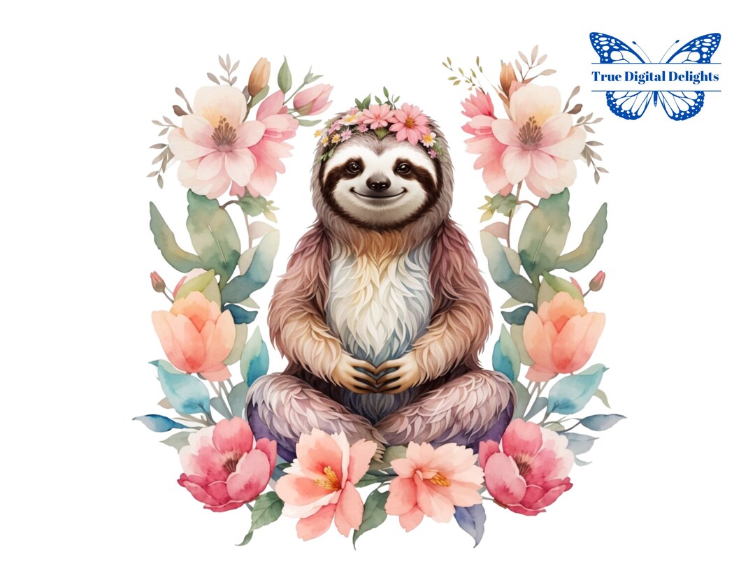 Cute Watercolor Sloth PNG Clipart. Sloth in Colorful Flower Wreath ...