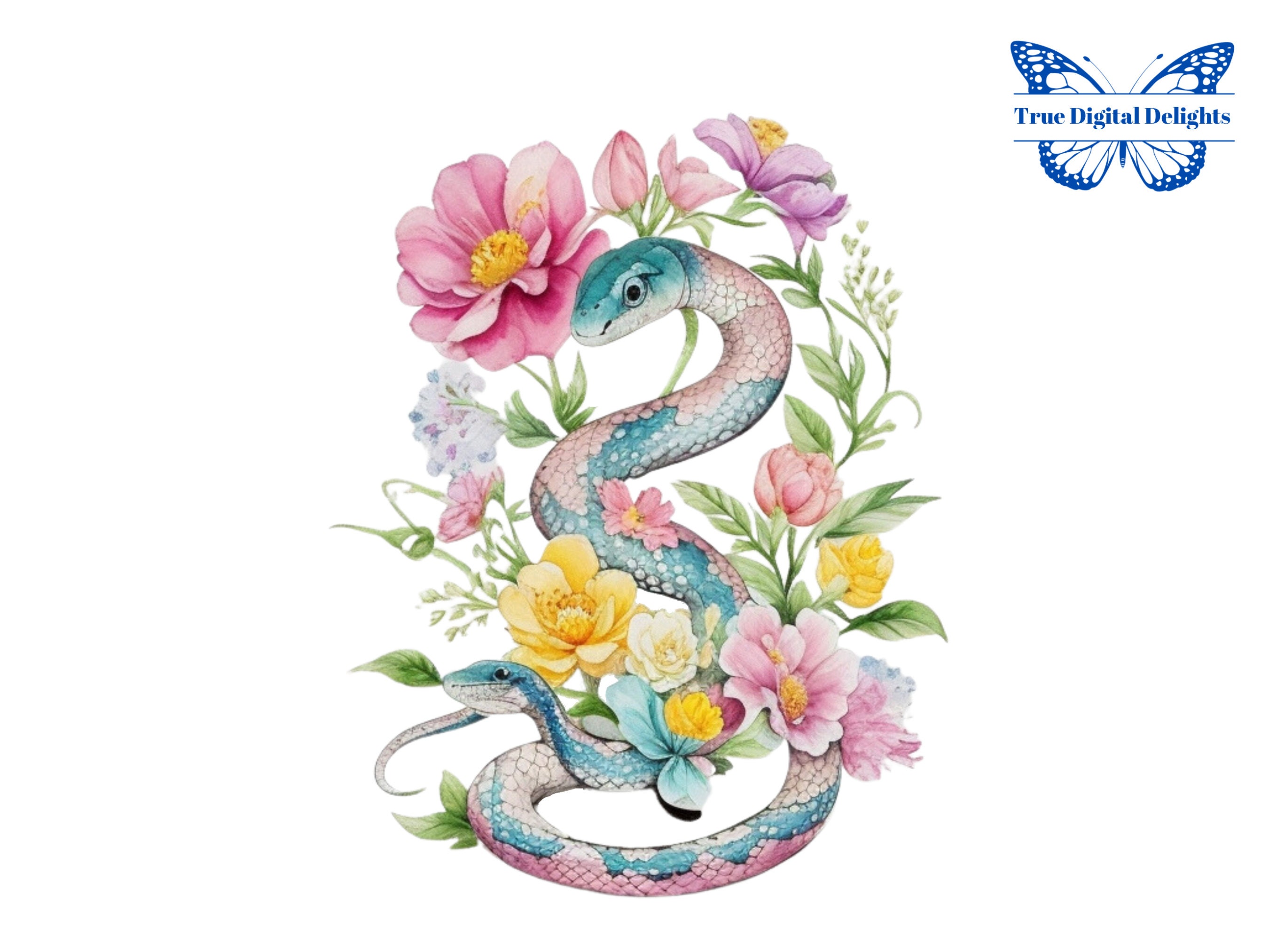 Watercolor Snakes & Flowers Printable PNG Clipart. Exotic Animal ...