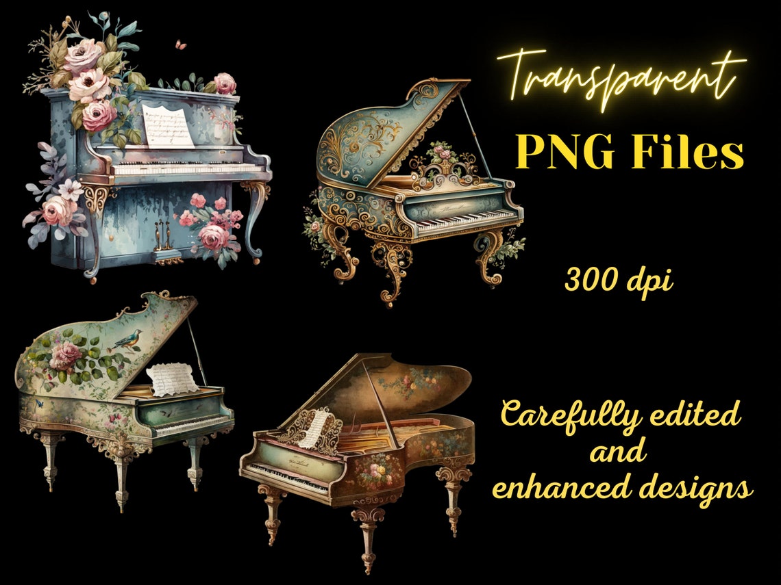 Watercolor Victorian 19th Century Ornate Classical Pianos PNG. Fancy ...