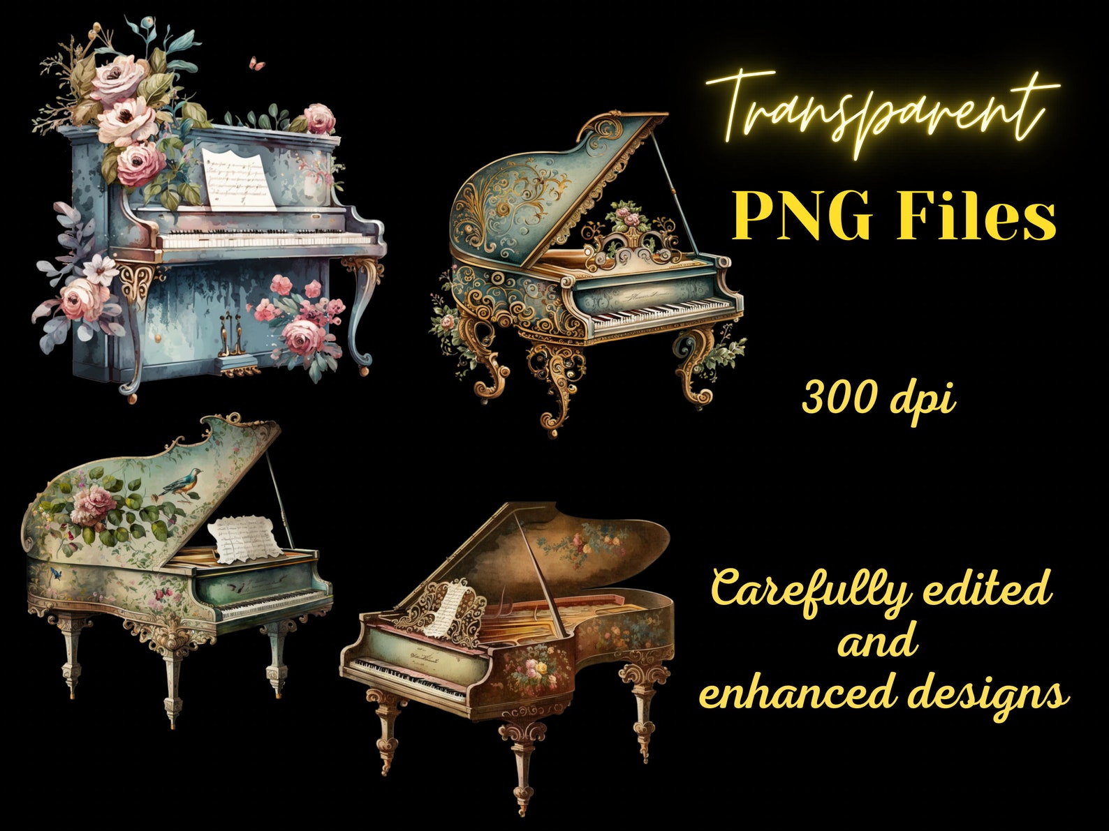 Watercolor Victorian 19th Century Ornate Classical Pianos PNG. Fancy ...