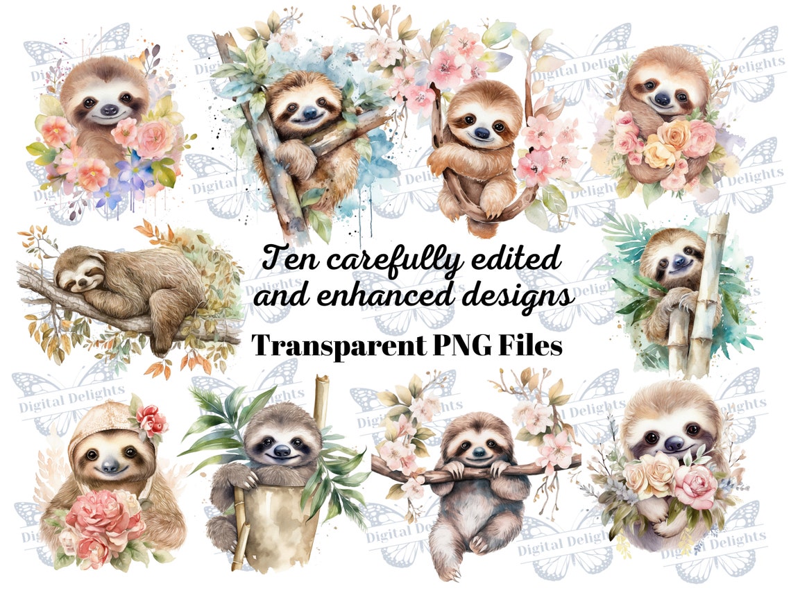 10 Cute Watercolor Sloth Clipart Baby Animals Baby Sloth PNG - Etsy