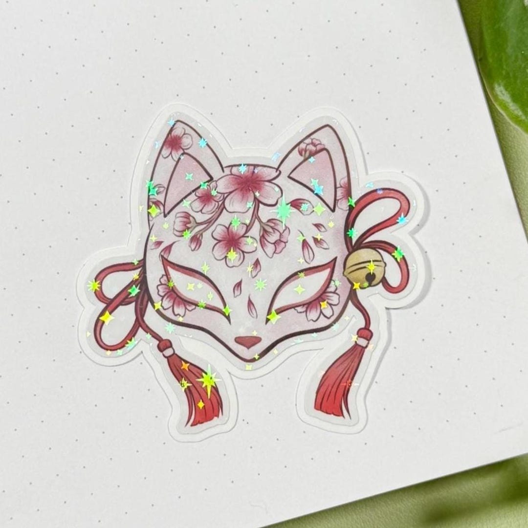 Kizune Mask Sticker, Vinyl Glitter, Kawaii, Anime, Fox, Japanese ...