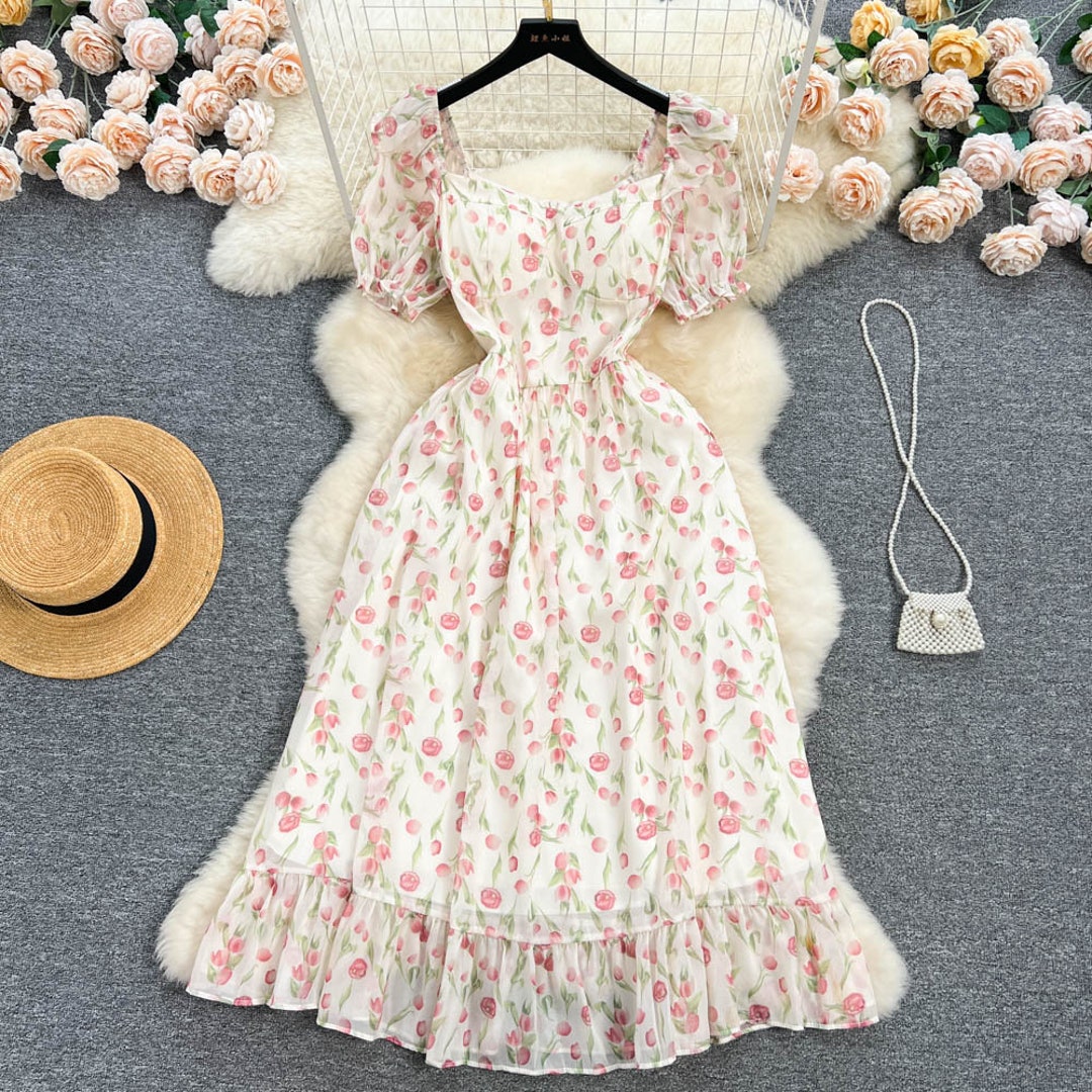 Summer Beach Midi Dress Cottagecore Milkmaid Sundress - Etsy