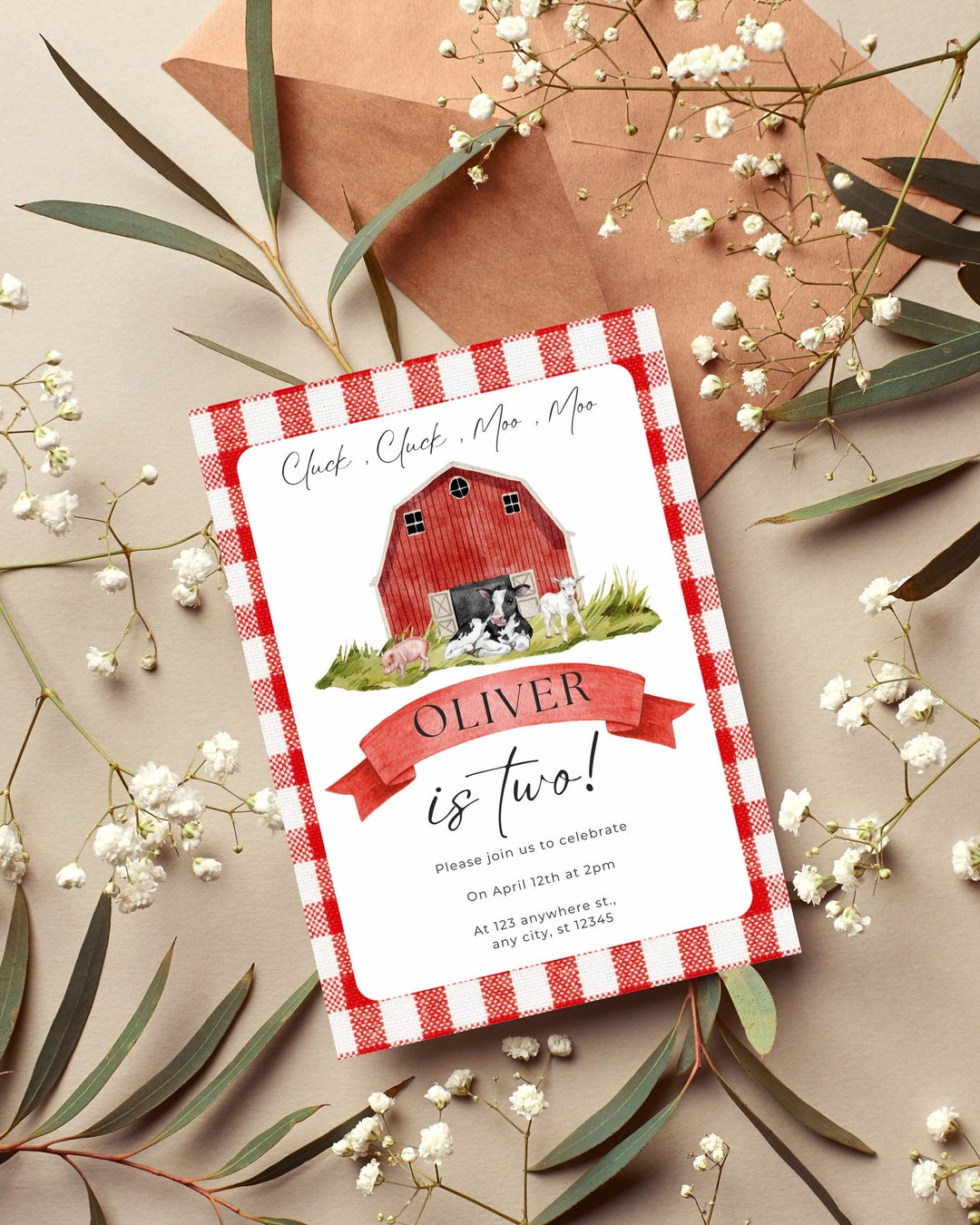 Editable Farm Barnyard 2nd Birthday Party Invitation Red Gingham Old ...