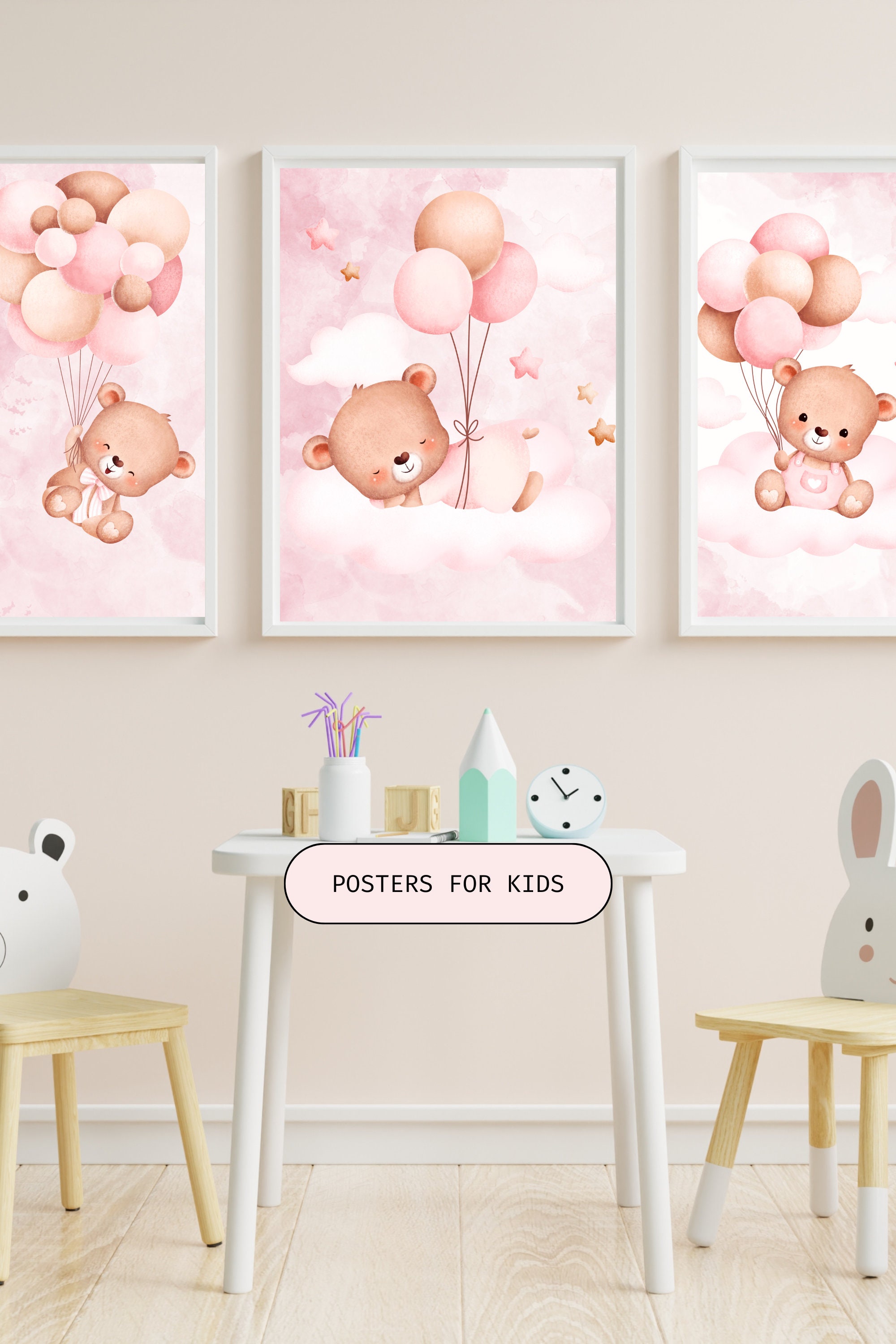 Set of 3 Pink Cute Teddy Bear Print,bear Nursery Decor,nursery Wall ...