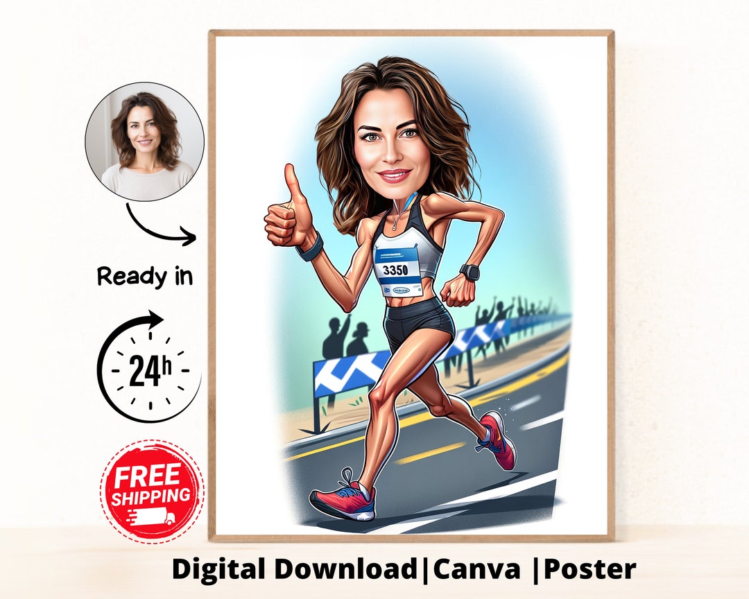 Custom Marathon Running Cartoon Portrait, Gift for Female Marathon ...