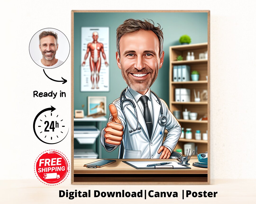 Custom Male Doctor Cartoon Portrait, Doctor Portrait, Doctor Caricature ...