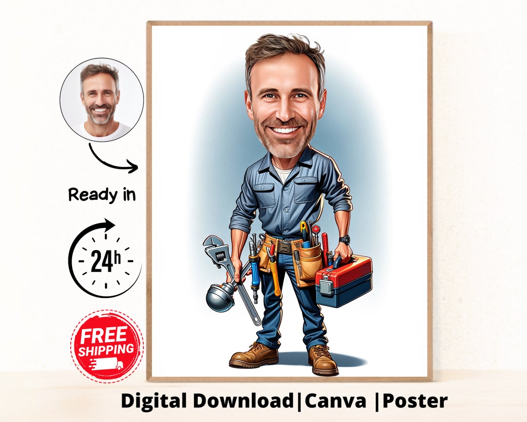 Personalized Plumber Cartoon Portrait, Custom Plumber Caricature ...