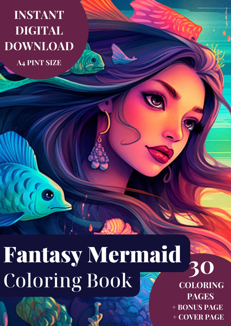 Fantasy Fairytale Mermaid Coloring Book, Adults and Children, 30 Pages ...