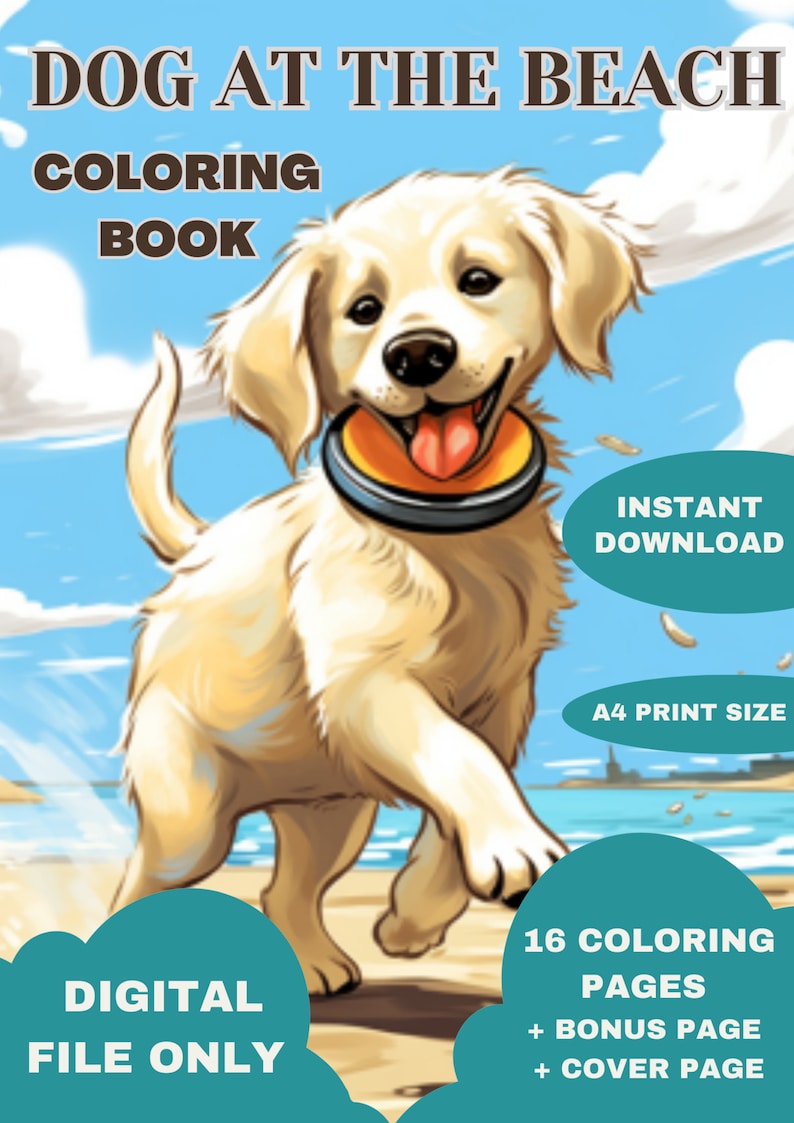 Dog at the Beach Coloring Book, Children and Adults, 16 Pages, Instant ...