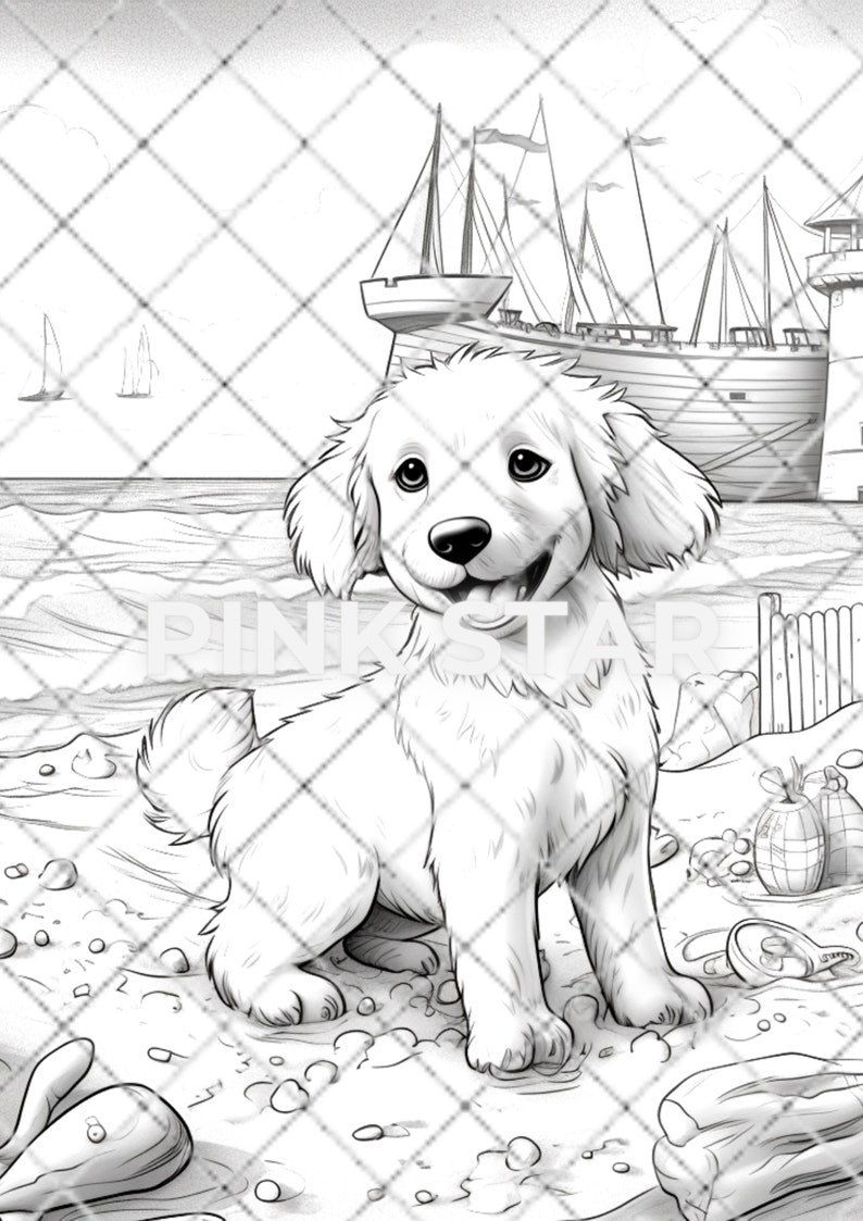 Dog at the Beach Coloring Book, Children and Adults, 16 Pages, Instant ...
