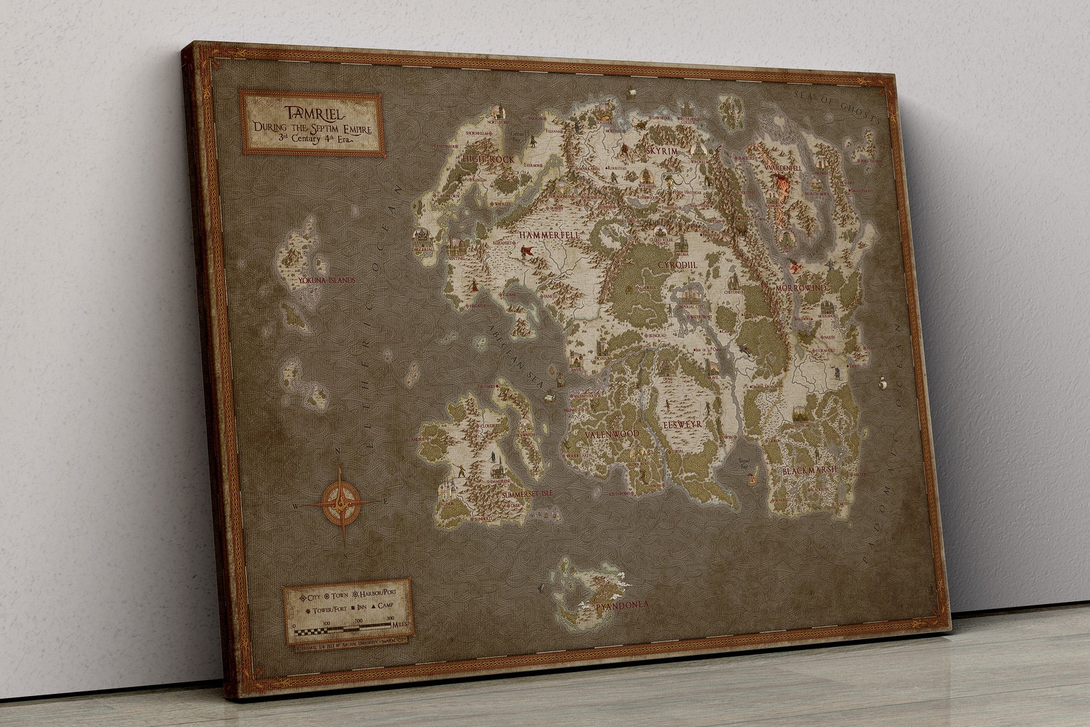 Framed Tamriel World Map Canvas, Tamriel Map From the Elder Scrolls ...