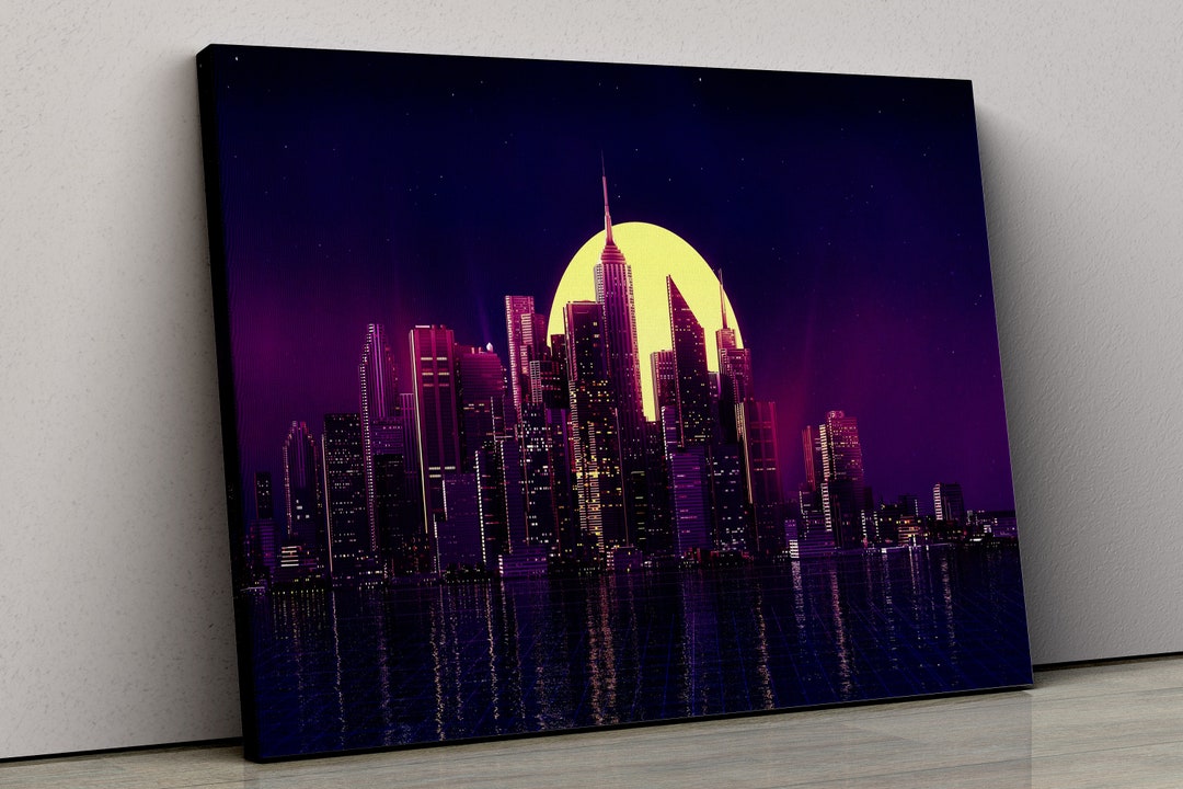Cyberpunk City Skyline Canvas, Superimposed Over a Sunset, Synthwave ...