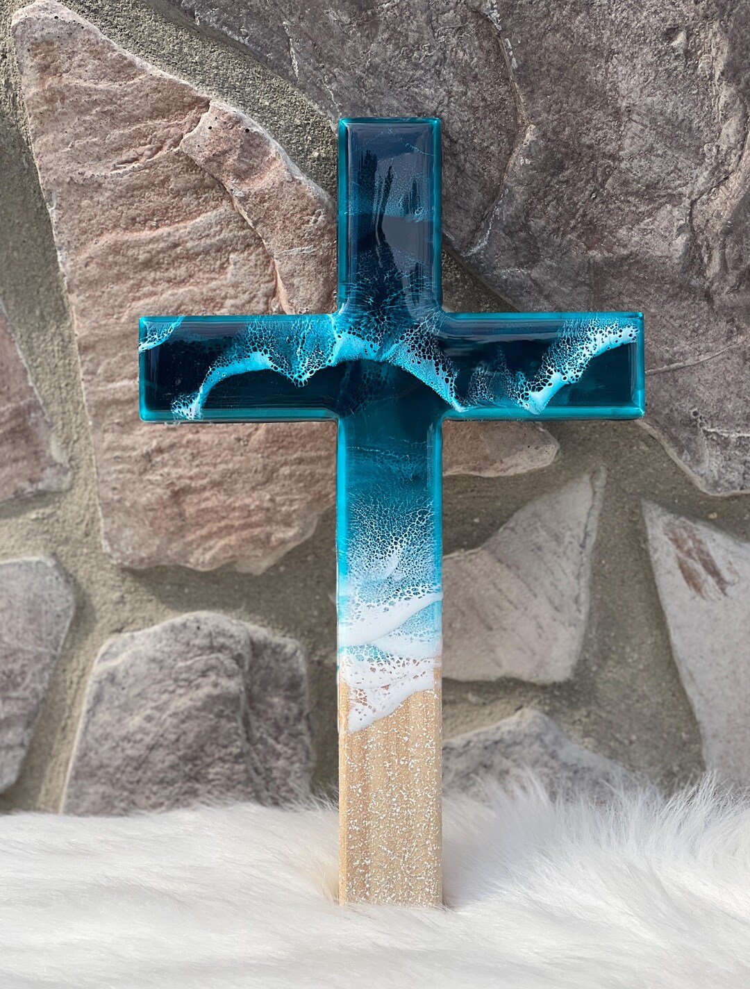 Solid Pine Wooden Cross With Multiple Layers of Bali Blue Resin Waves ...