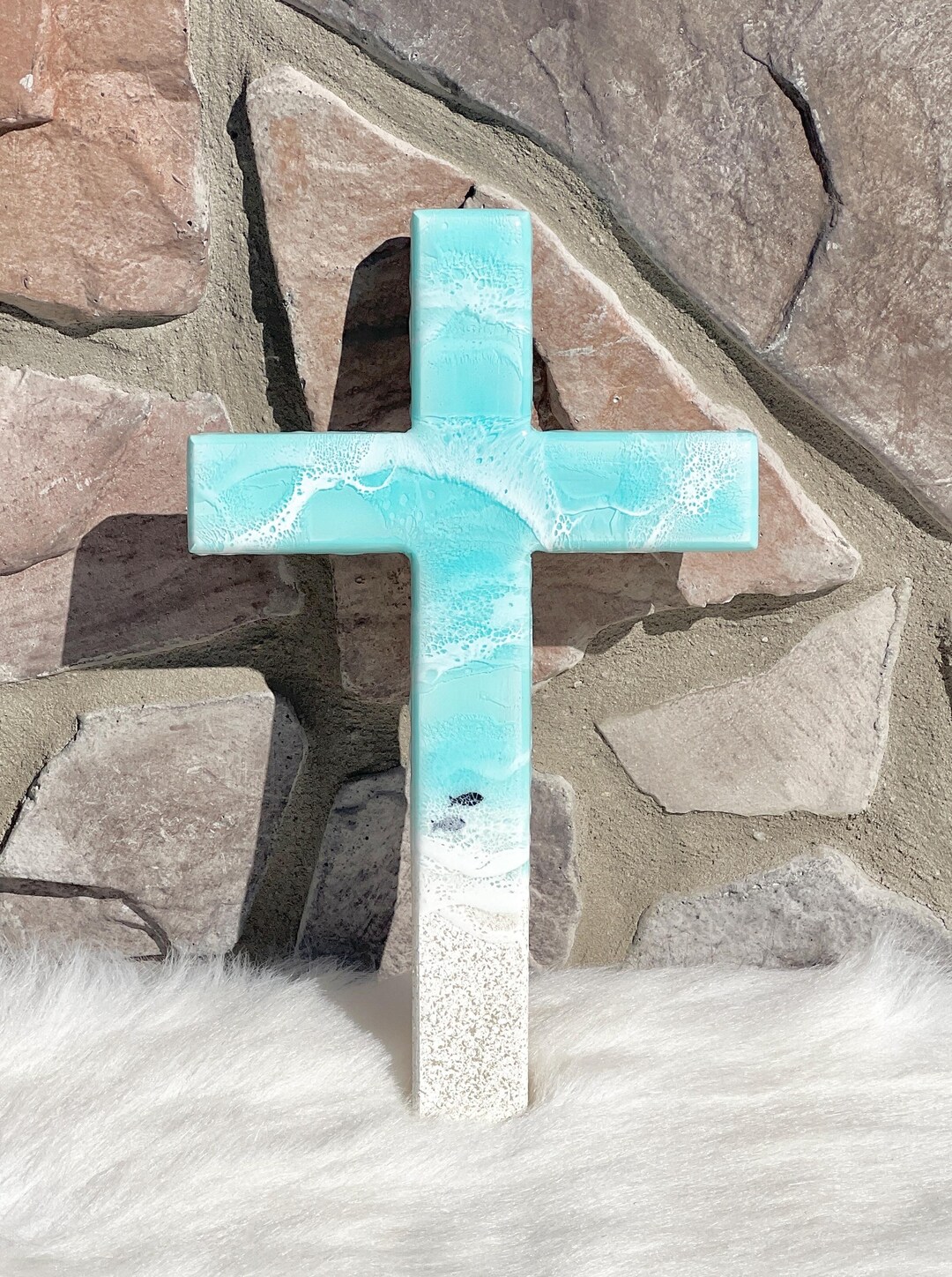 Solid Pine Wooden Cross With Multiple Layers of Bali Blue Resin Waves ...
