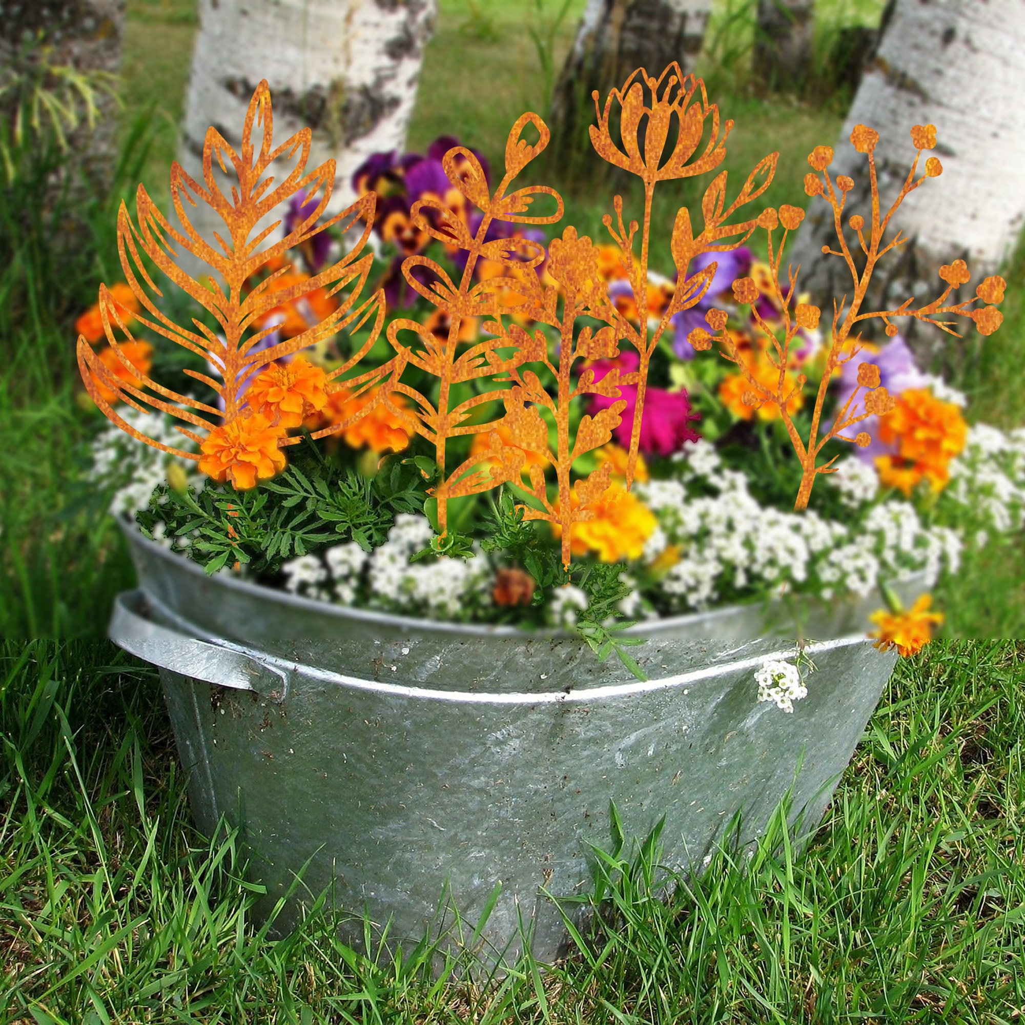 Rusted Metal Flower and Plant Bouquet for Garden Decor, Rustic Metal ...