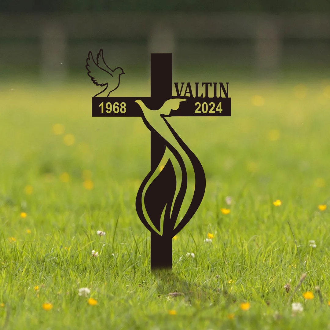 Cross Metal Stake, Personalized Memorial Cross Dove Stake, Grave Maker ...