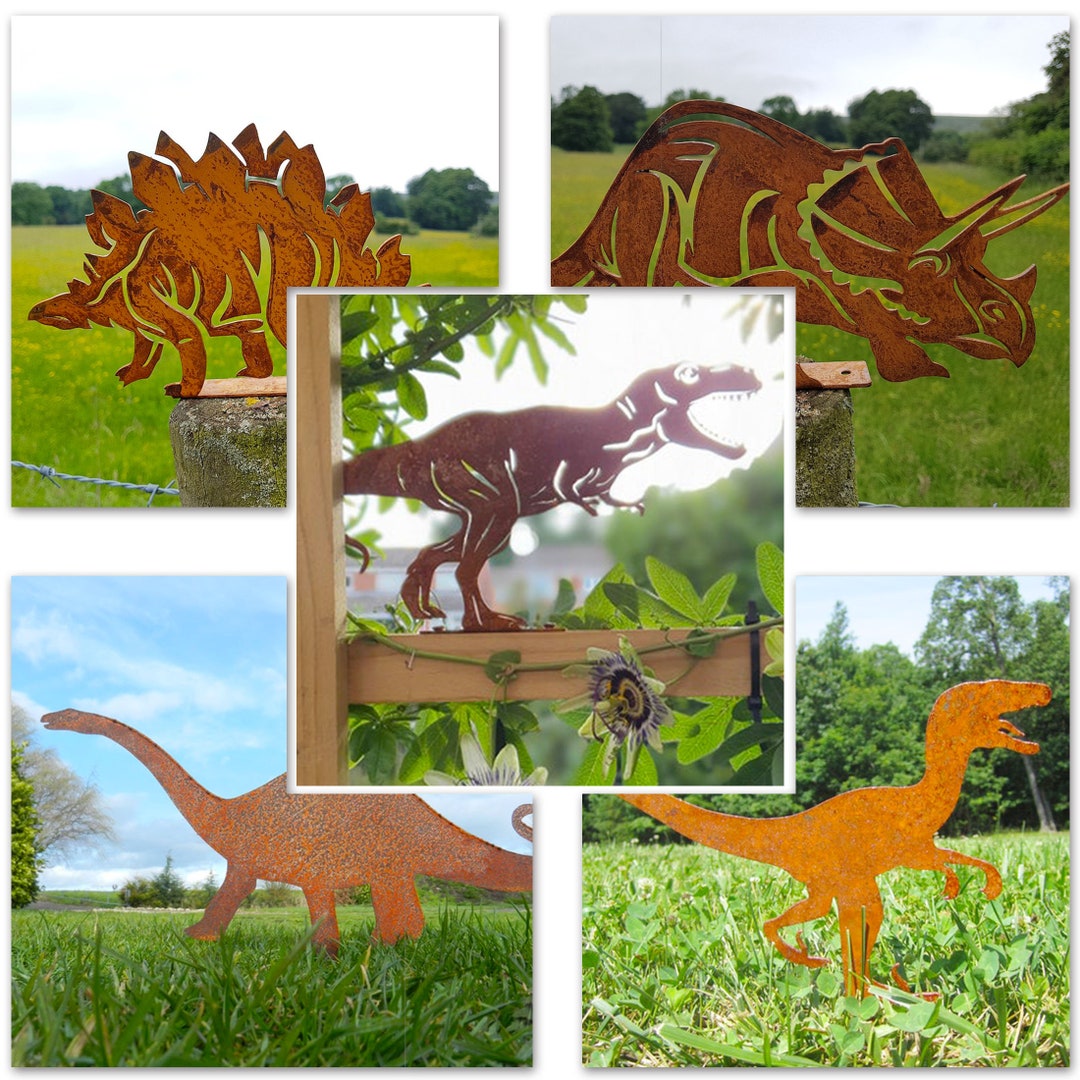 Set of 5 Rusty Metal Dinosaur Fence Post Topper, Garden T-rex Dinosaur ...