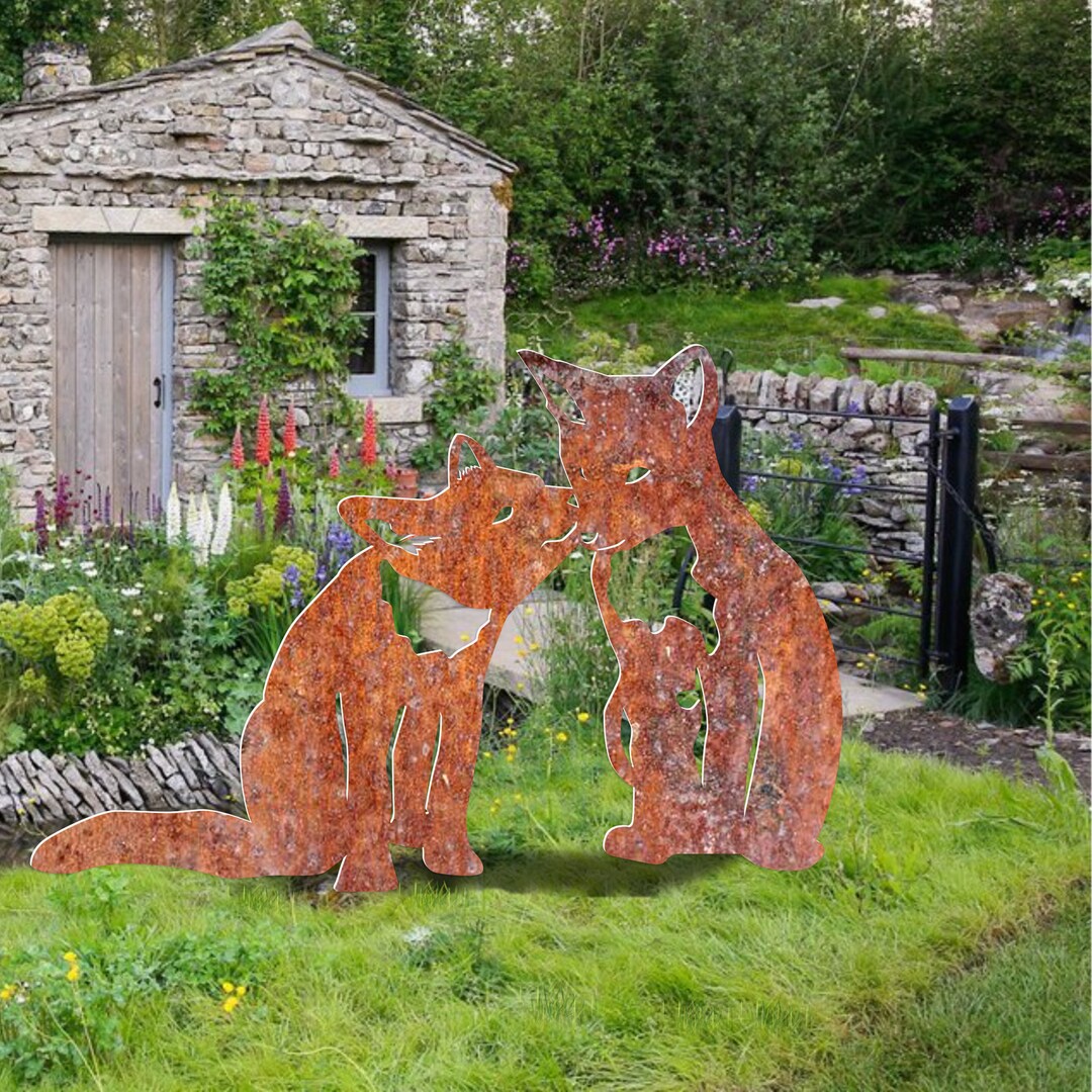 Rustic Metal Foxes Garden Stake, Rusty Foxes Yard Art / Personalized ...