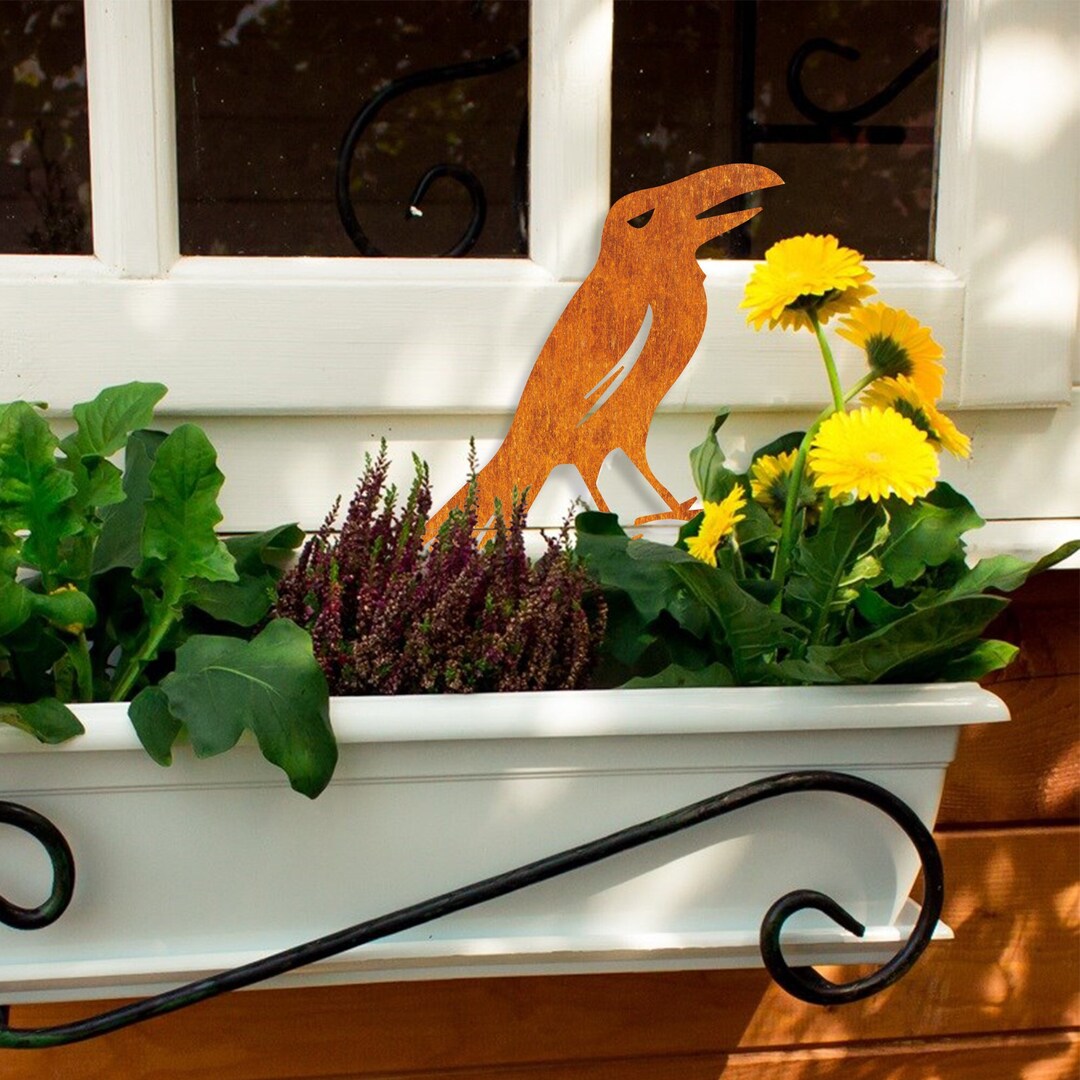Rusty Crow Metal Garden Stake - Rustic Bird Art - Raven Flowerbed ...