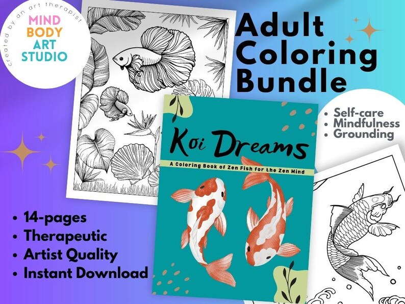 Koi Fish Mental Wellness Coloring Bundle Printable Digital Mindful ...