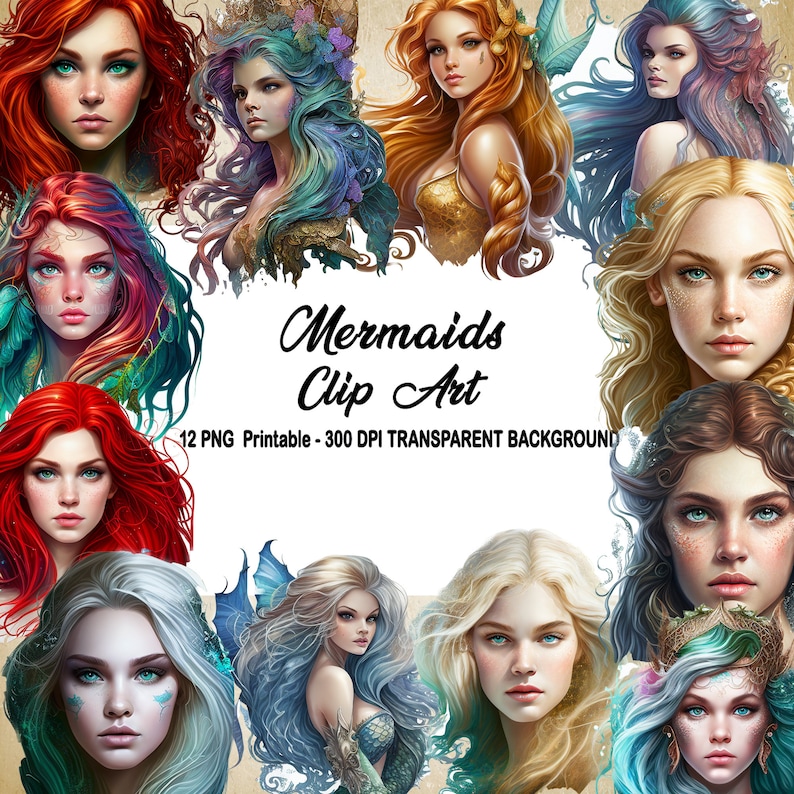 Clipart, PNG, Mermaid Faces Clip Art, Printable Digital Sheet ...