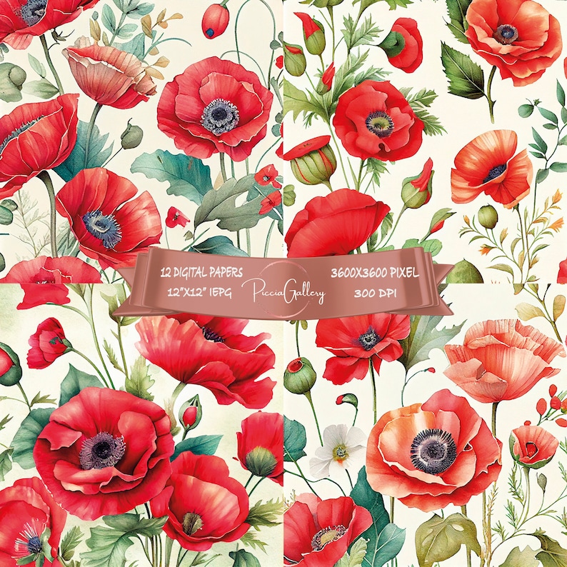 Instant Download Poppies Watercolor Digital Paper Pack, Floral ...