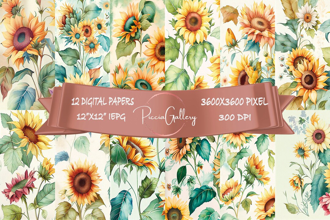 Instant Download Sunflowers Watercolor Digital Paper Pack, Floral ...