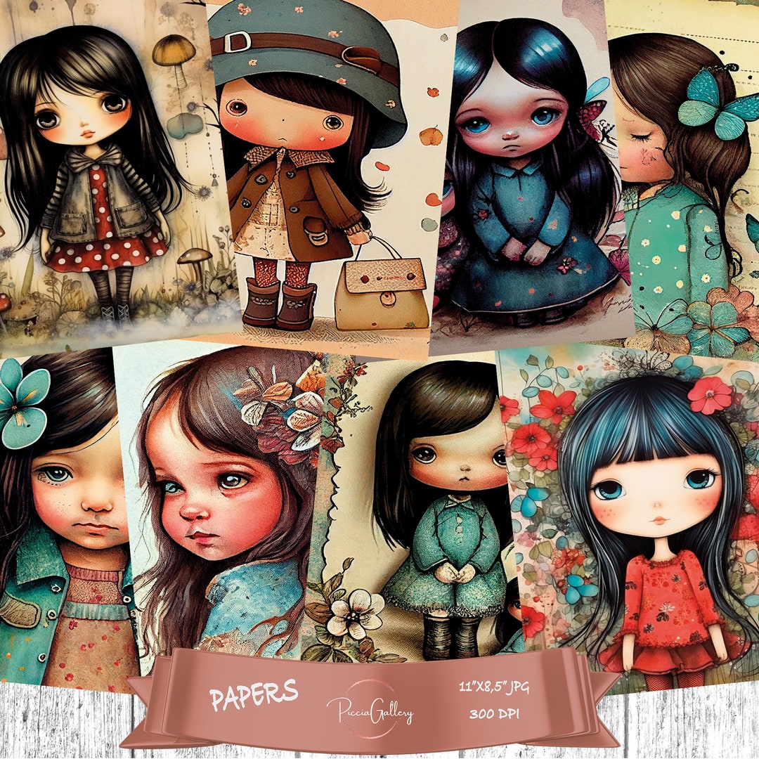 Cute Little Girls Printable With Hat, Doll, Bag, Flowers, Butterflies ...