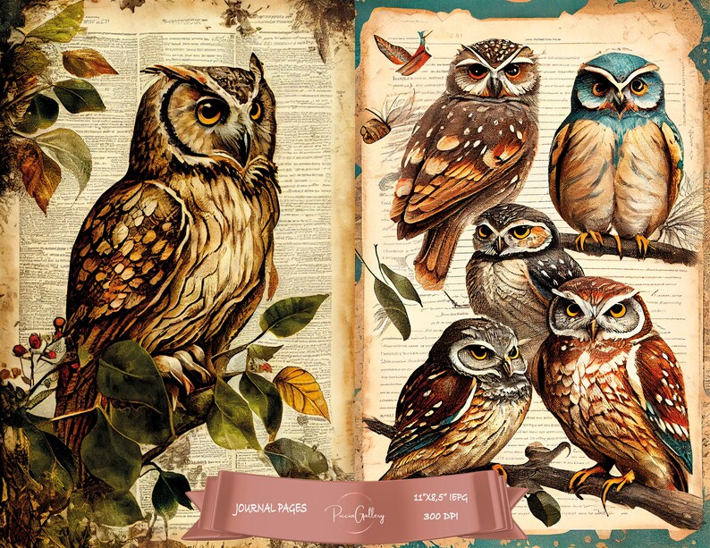 Junk Journal Kit, Instant Download Vintage Owls Watercolor Digital ...