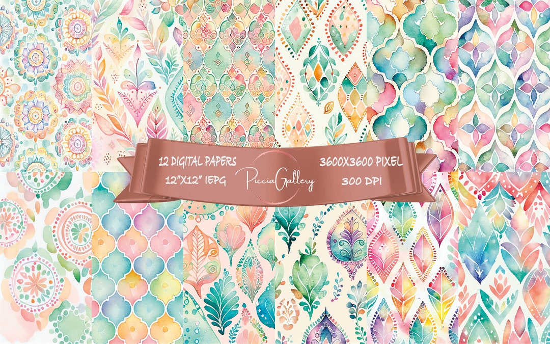 12 Boho Digital Papers, Boho Scrapbook Watercolor Paper, Boho ...