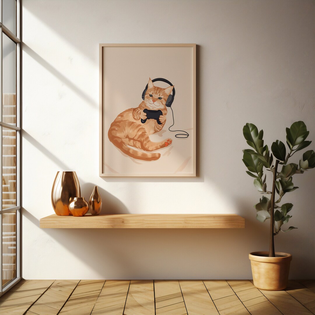 Gamer Cat Print Cat Art for Gamer Room Decor Ginger Cat Print Gamer ...