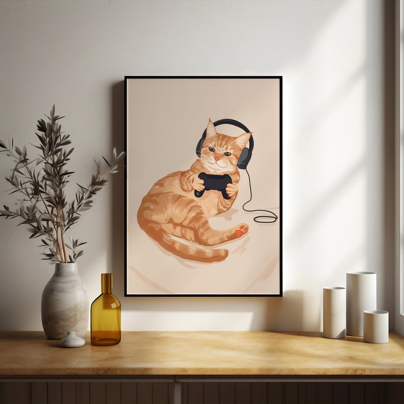 Gamer Cat Print | Cat Art for Gamer Room Decor | Ginger Cat Print ...