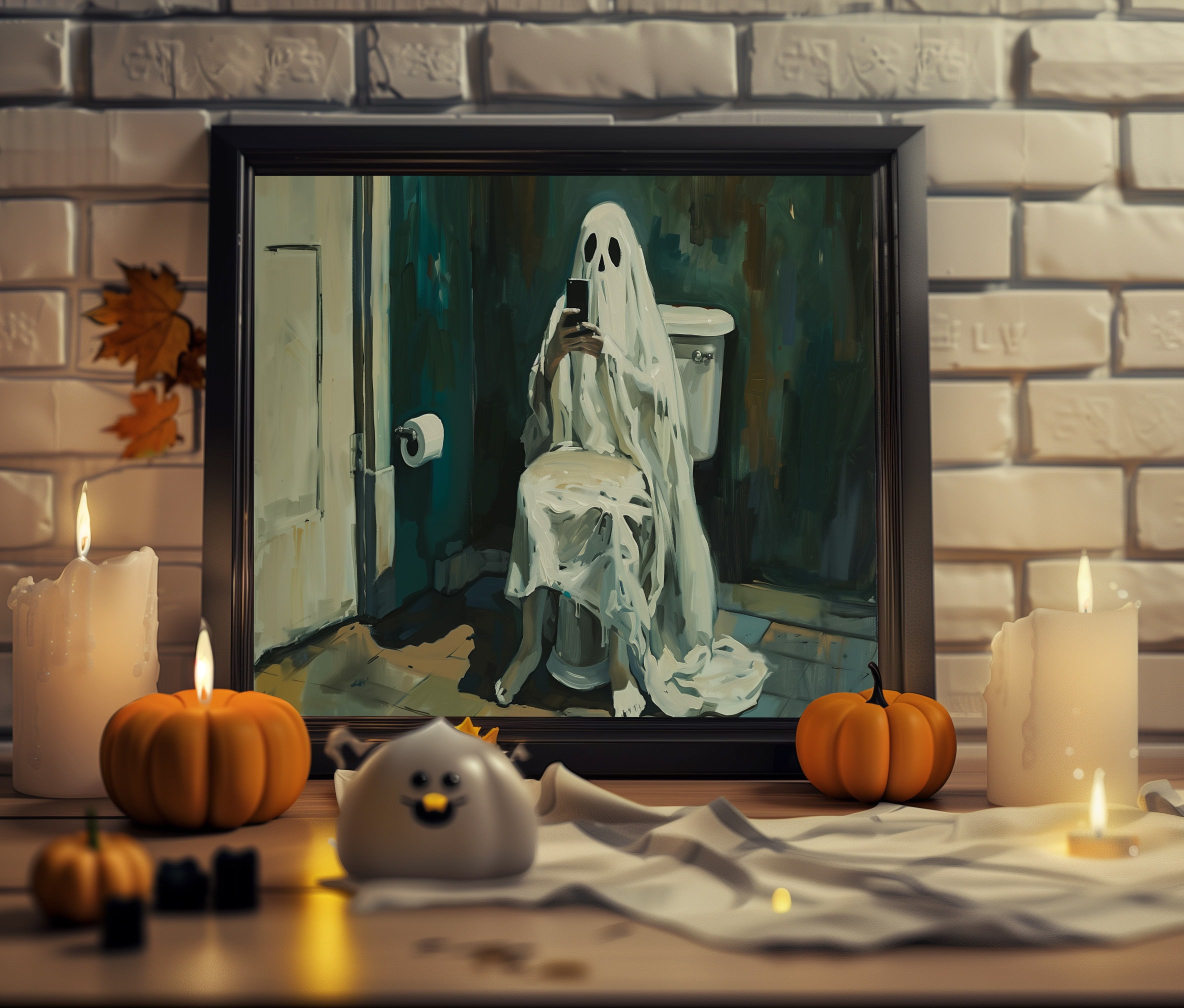 Ghost on Toilet With Phone | Halloween Digital Art | Vintage Oil ...