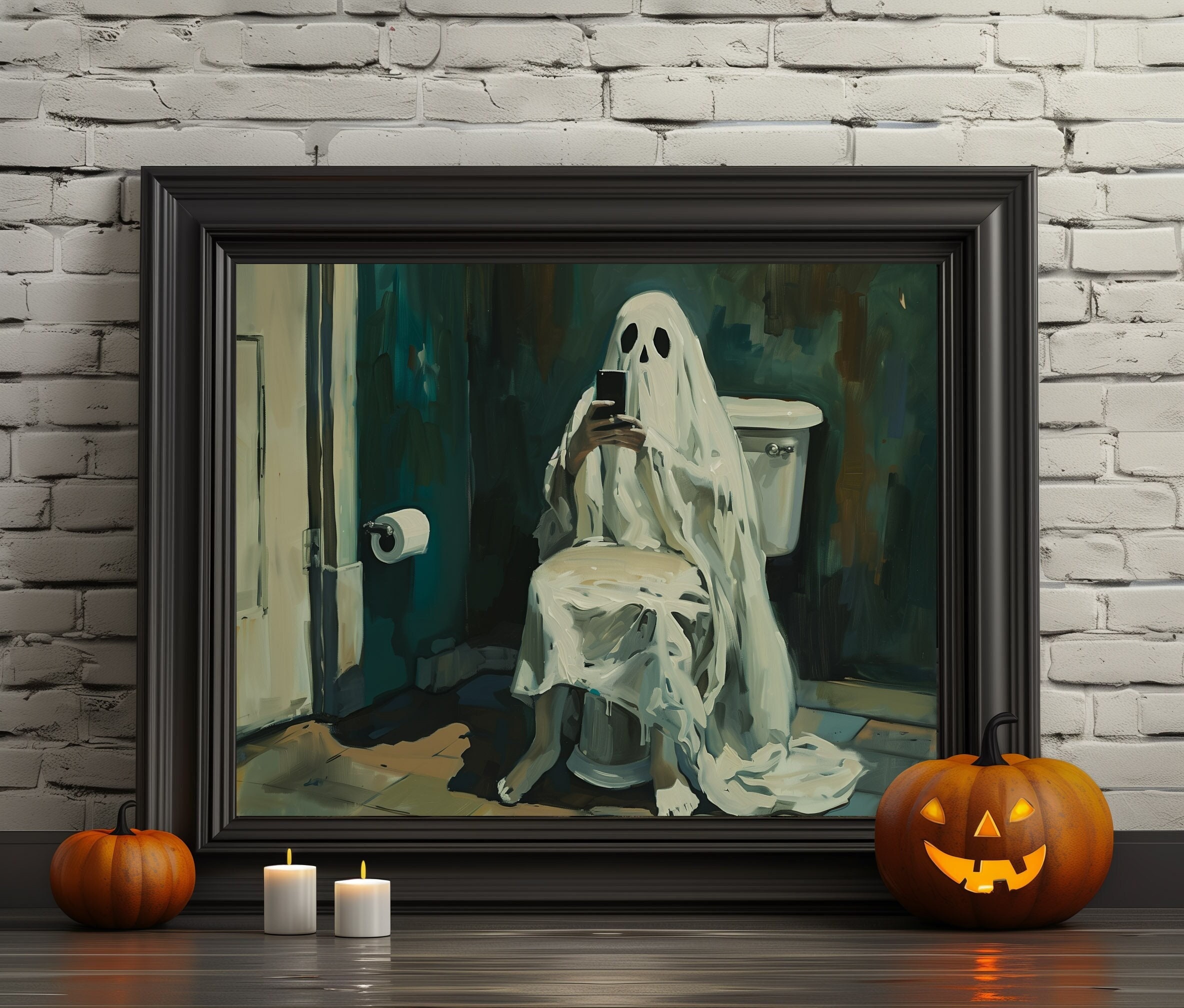 Ghost on Toilet With Phone | Halloween Digital Art | Vintage Oil ...
