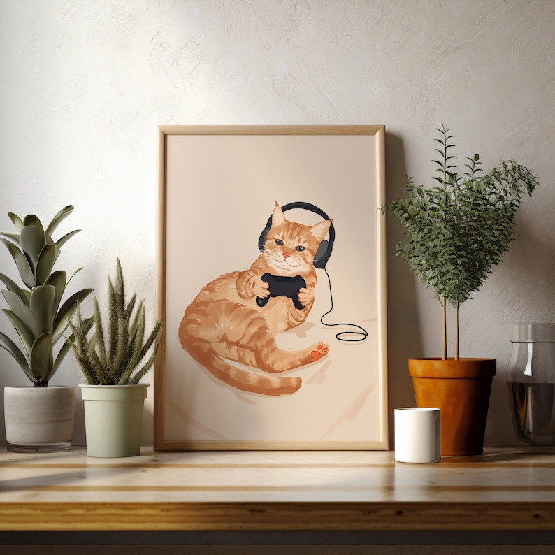 Gamer Cat Print | Cat Art for Gamer Room Decor | Ginger Cat Print ...