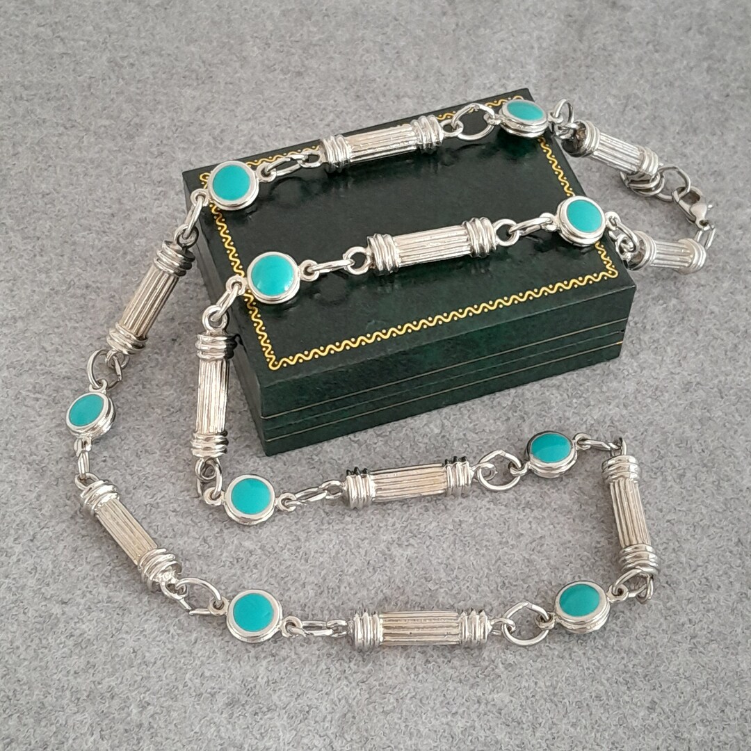 Striking Vintage Silver Link Chain, 80s Blue Enamel Chain Necklace ...