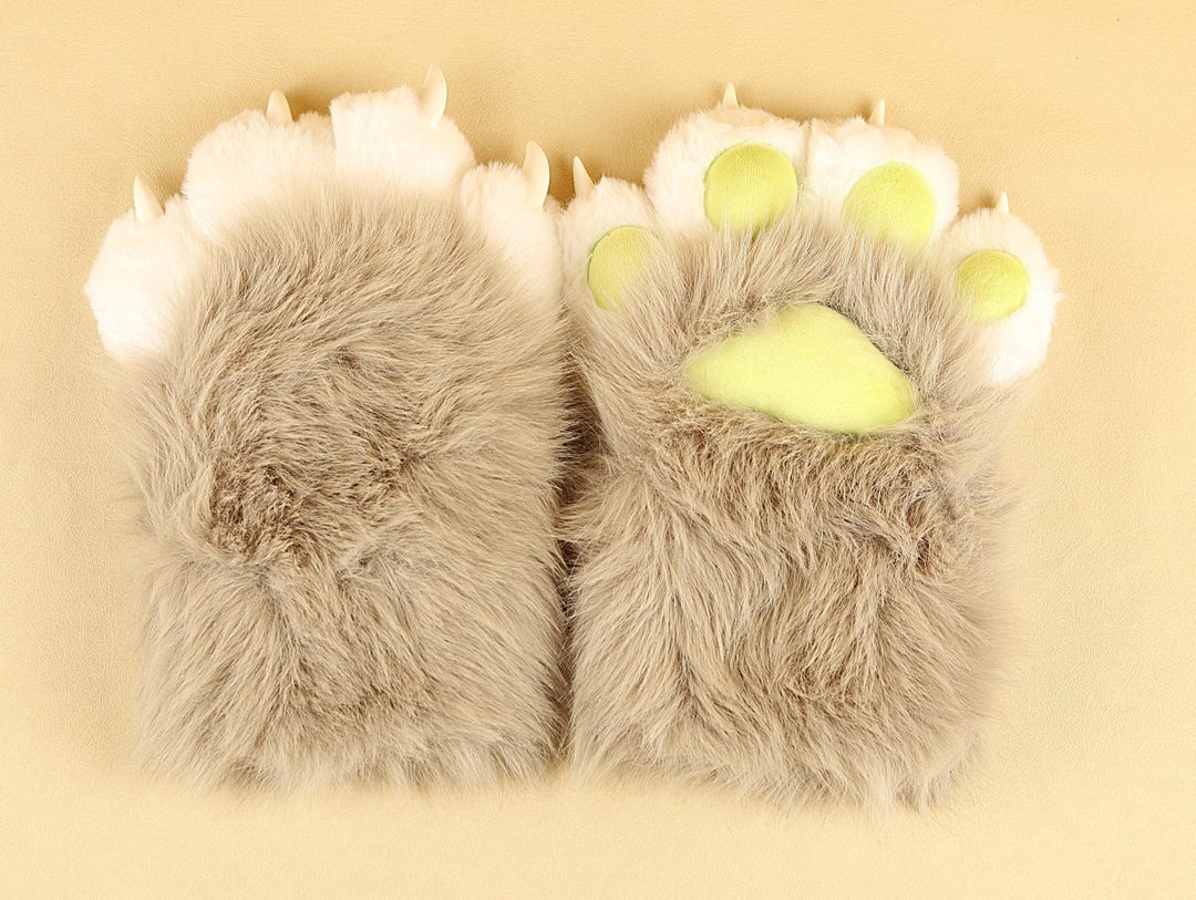 Grey Fursuit Paws Gloves Cute Black/green Fluffy Claw Gloves Furry Paw ...
