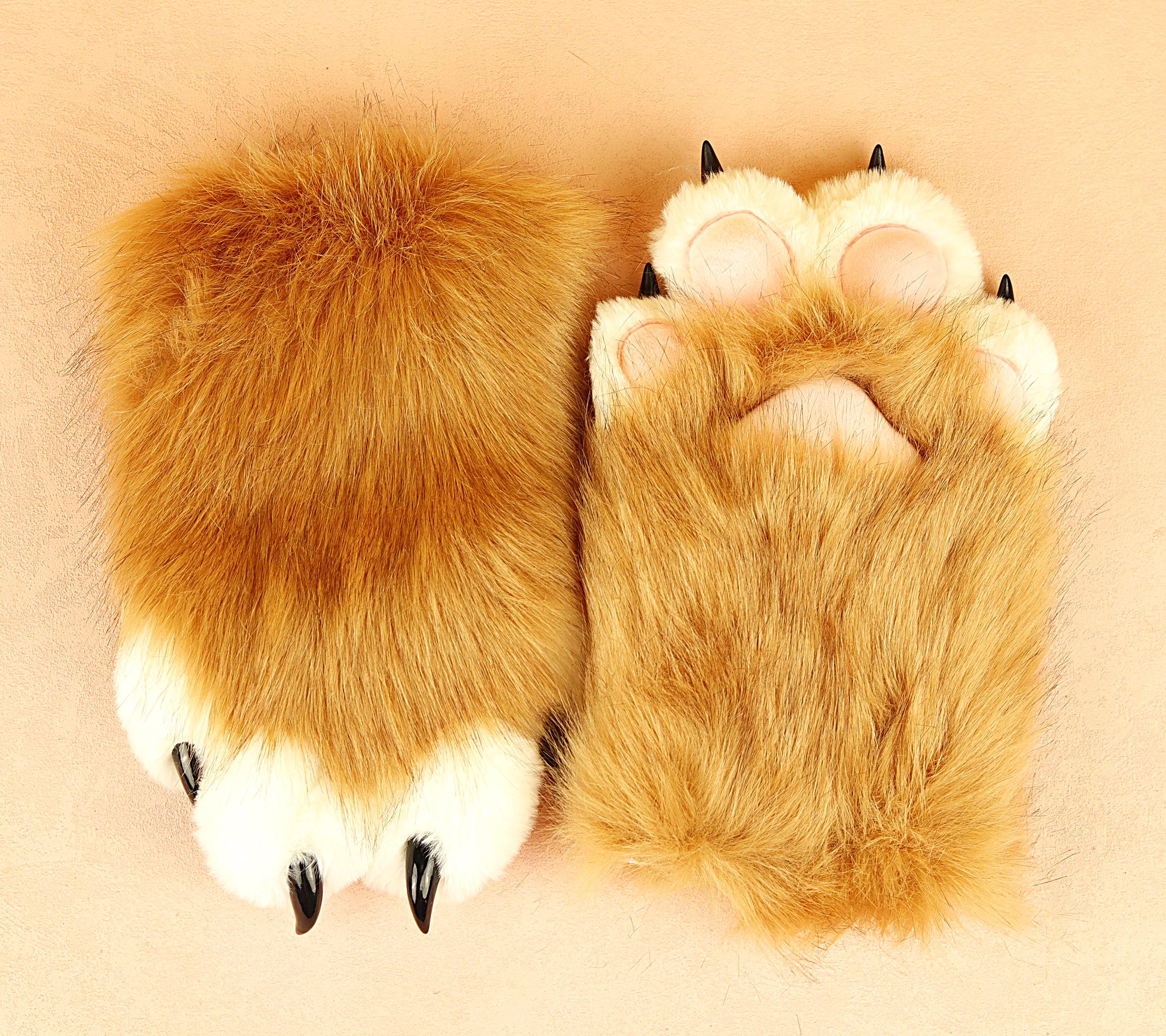 Orange Brown Fursuit Paws Gloves Squeaky Fluffy Paws Gloveswhite Furry ...